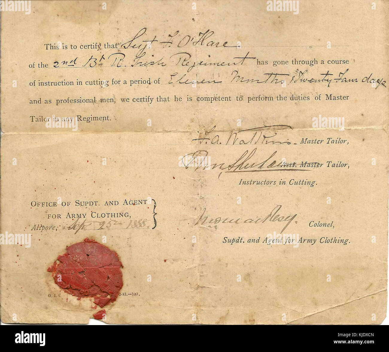 Francis O'Hare, Master Tailor certificate, 1888 09 25 Stock Photo - Alamy