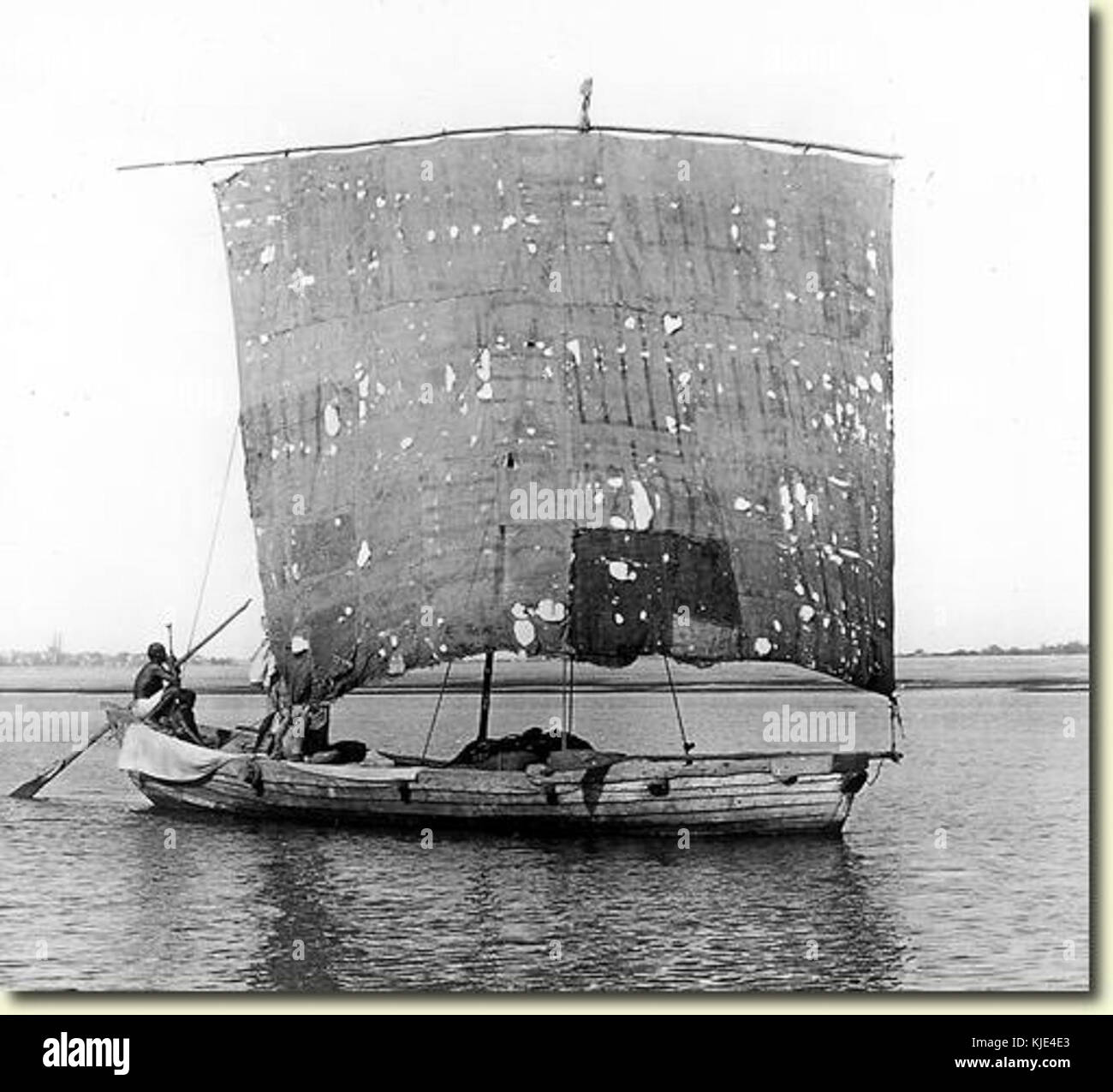 Indian boat with a square sail floating along the Ganges River in 1907 ...