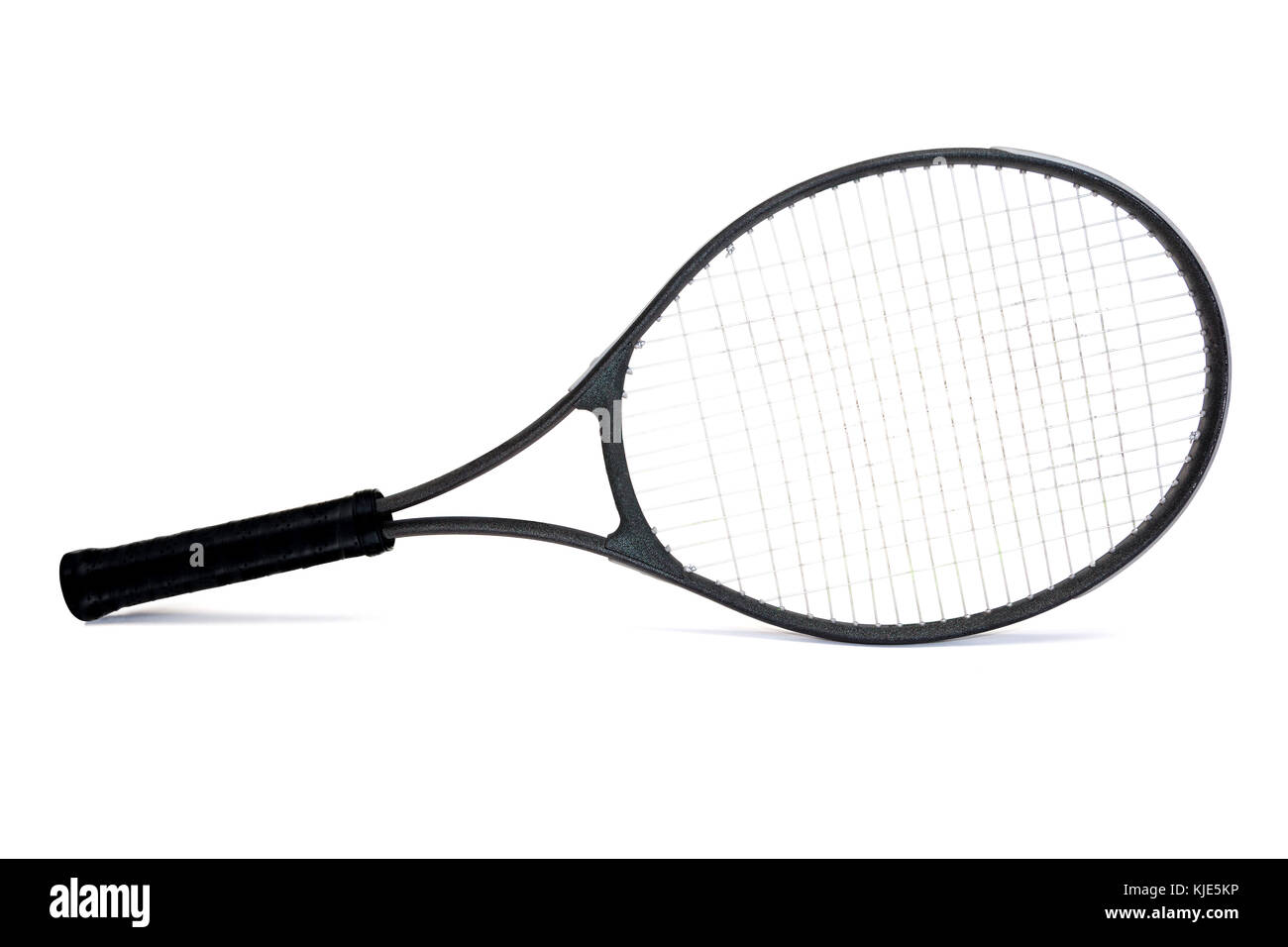 Seasoned black graphite tennis racket isolated on white background ...