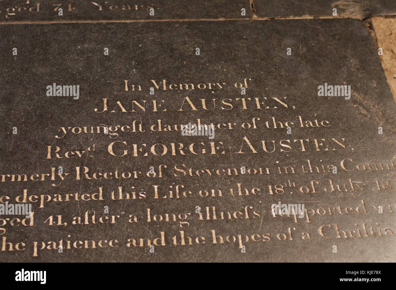 Gravestone of novelist Jane Austen in Winchester Cathedral, Winchester ...