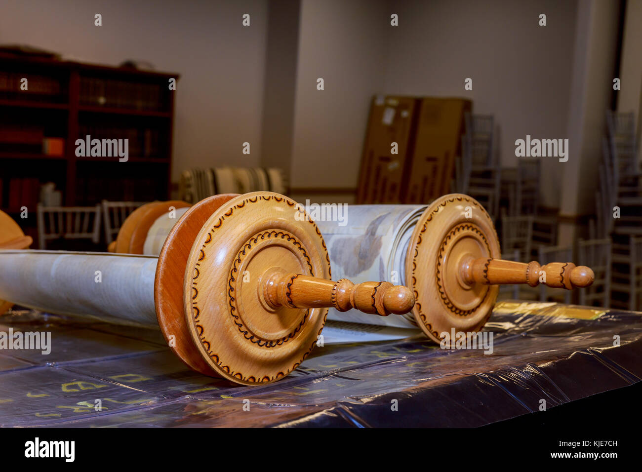 The Hebrew handwritten Torah, Talmud scroll on a synagogue alter ...