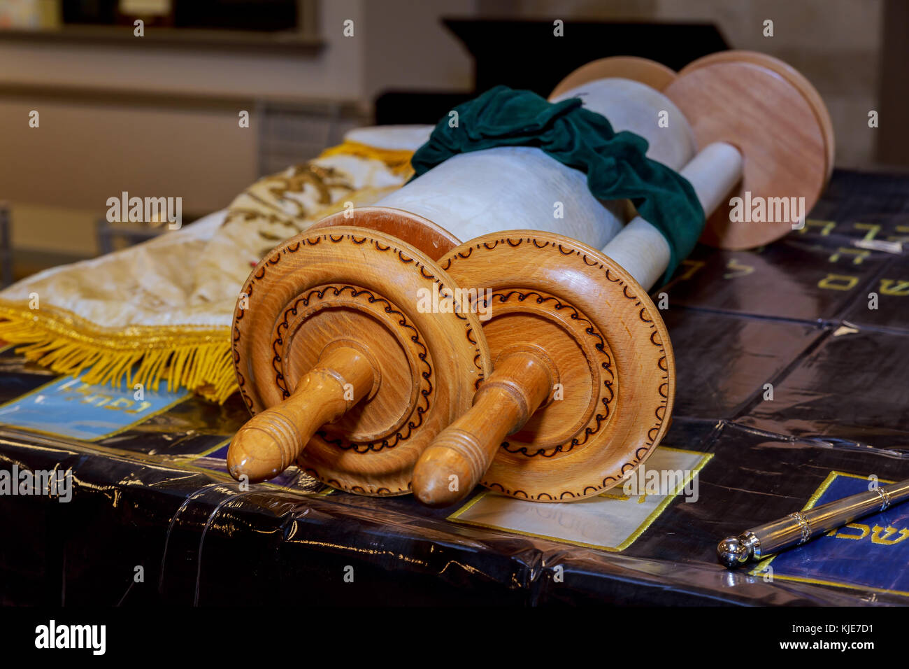 Torah scroll background Hebrew handwritten Torah, on a synagogue alter ...