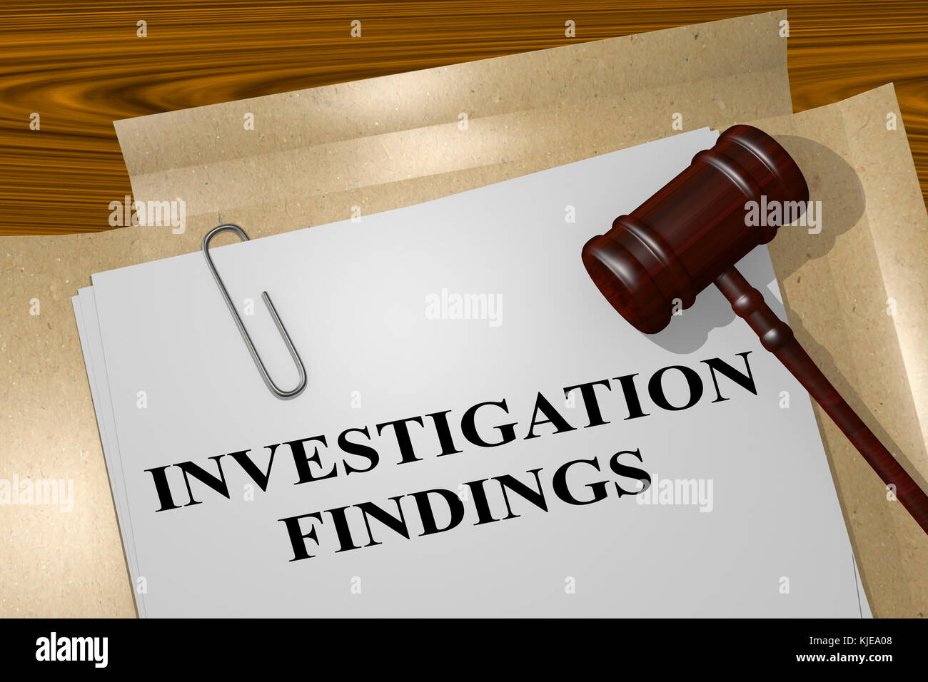 3D illustration of "INVESTIGATION FINDINGS" title on legal document ...