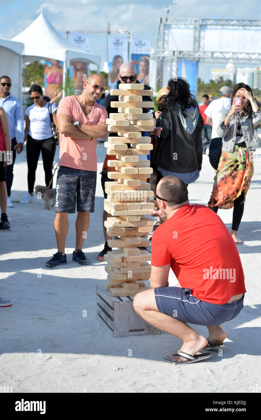 MIAMI, FLORIDA - FEBRUARY 18: Jenga is a game of physical and mental ...