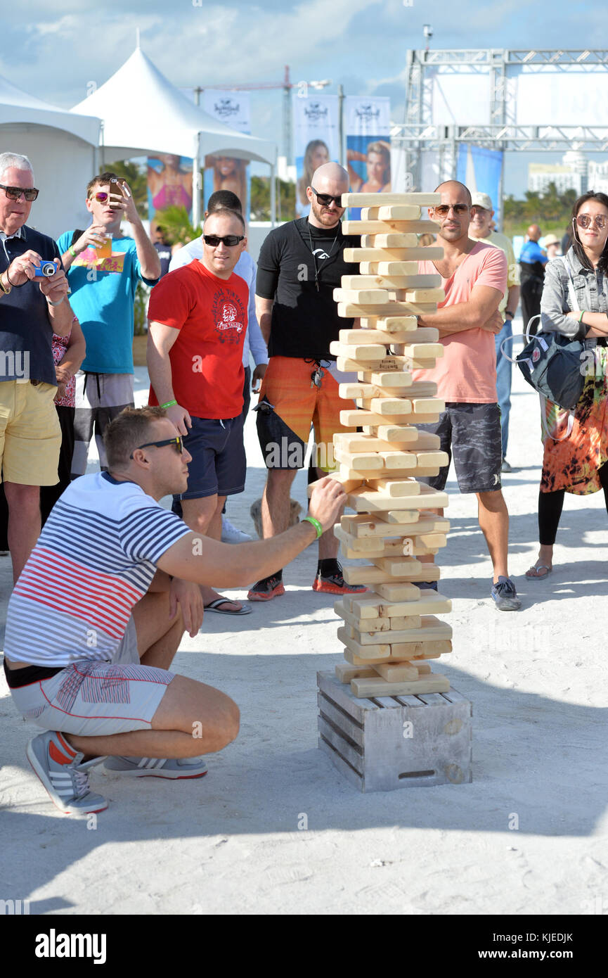 MIAMI, FLORIDA - FEBRUARY 18: Jenga is a game of physical and mental ...