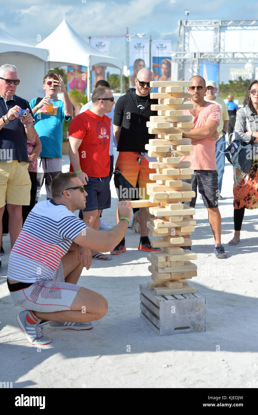 MIAMI, FLORIDA - FEBRUARY 18: Jenga is a game of physical and mental ...