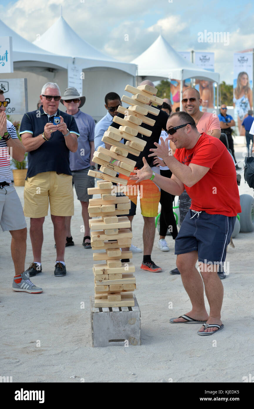 MIAMI, FLORIDA - FEBRUARY 18: Jenga is a game of physical and mental ...