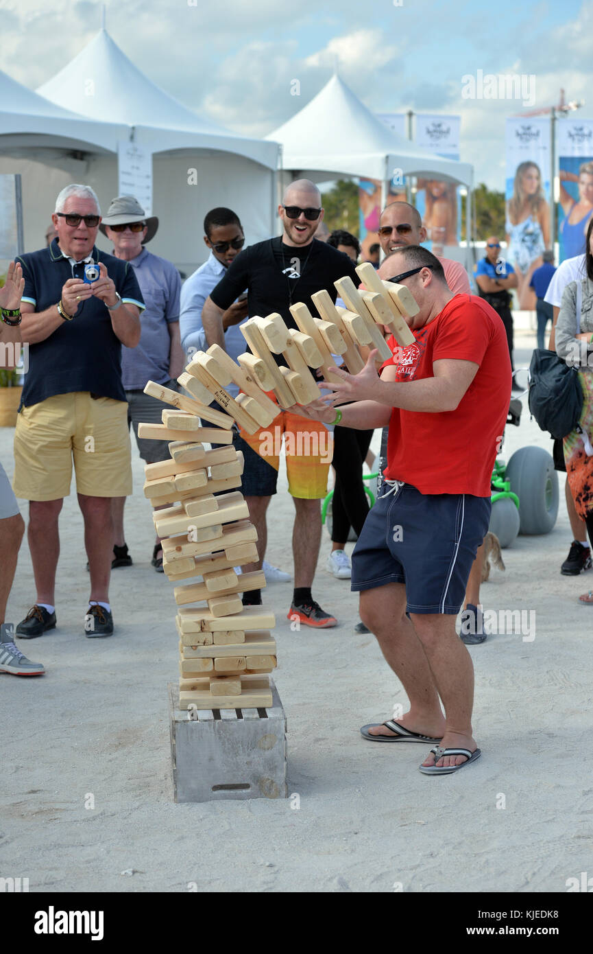 MIAMI, FLORIDA - FEBRUARY 18: Jenga is a game of physical and mental ...