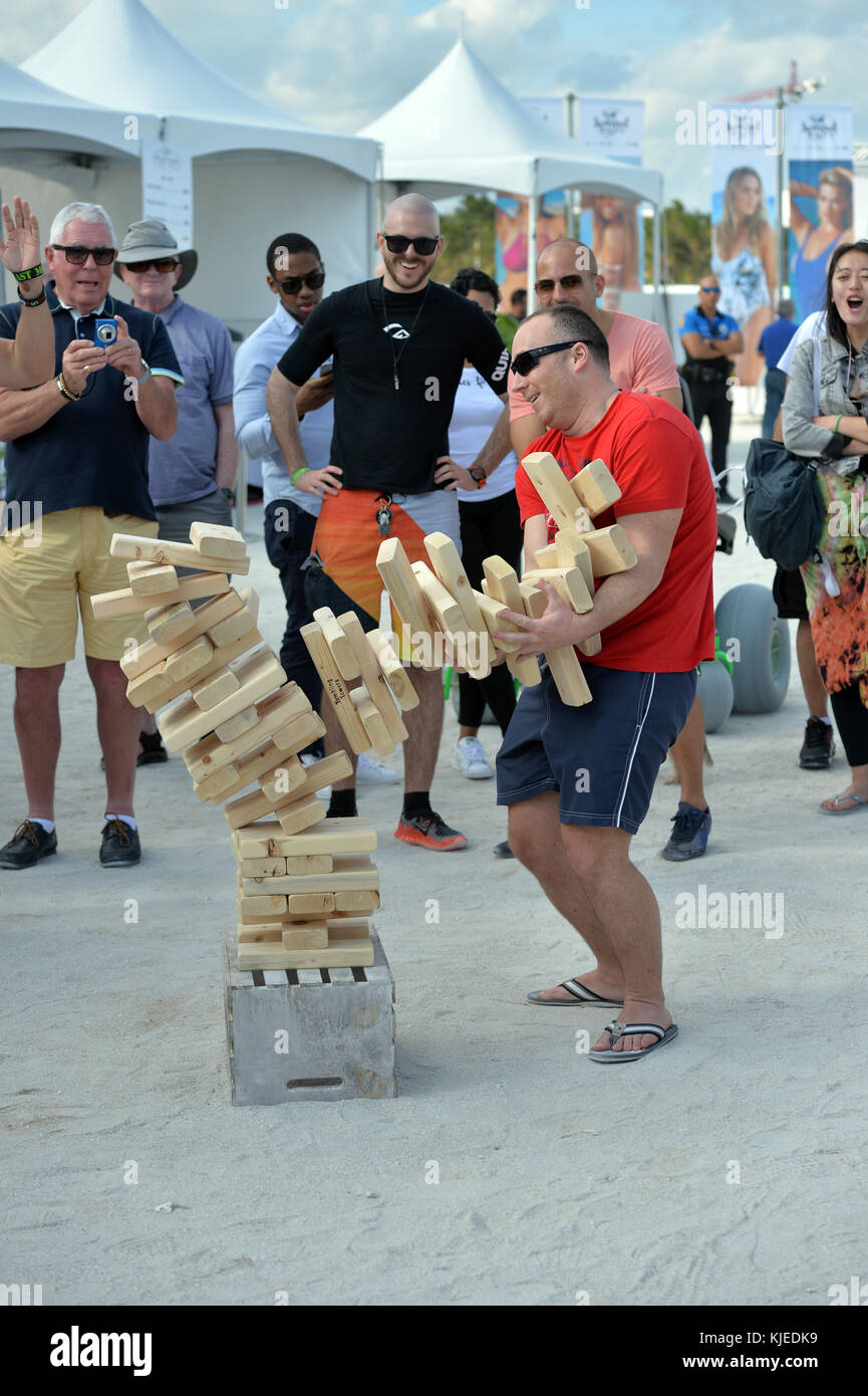 MIAMI, FLORIDA - FEBRUARY 18: Jenga is a game of physical and mental ...