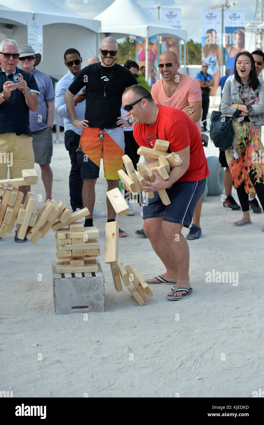 MIAMI, FLORIDA - FEBRUARY 18: Jenga is a game of physical and mental ...