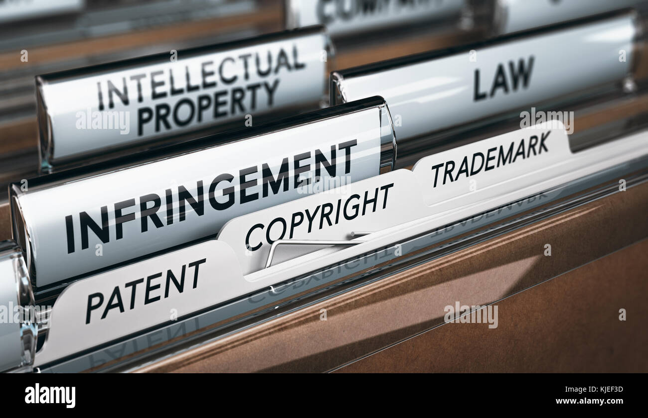 3D illustration of a folder, focus on a tab with the word infringement ...