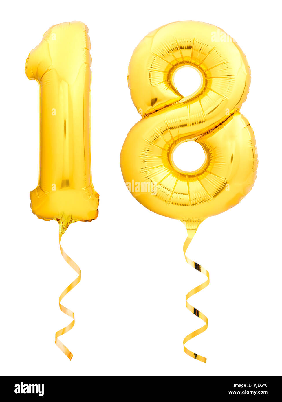 Golden number 18 eighteen made of inflatable balloon with golden ribbon ...