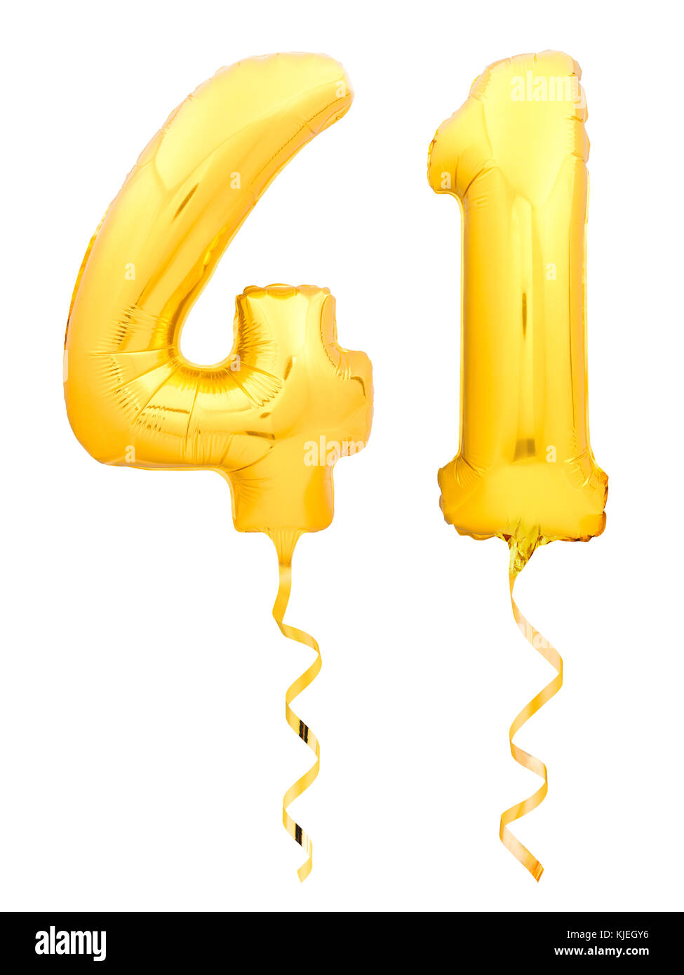 Golden number forty one 41 made of inflatable balloon with ribbon on ...