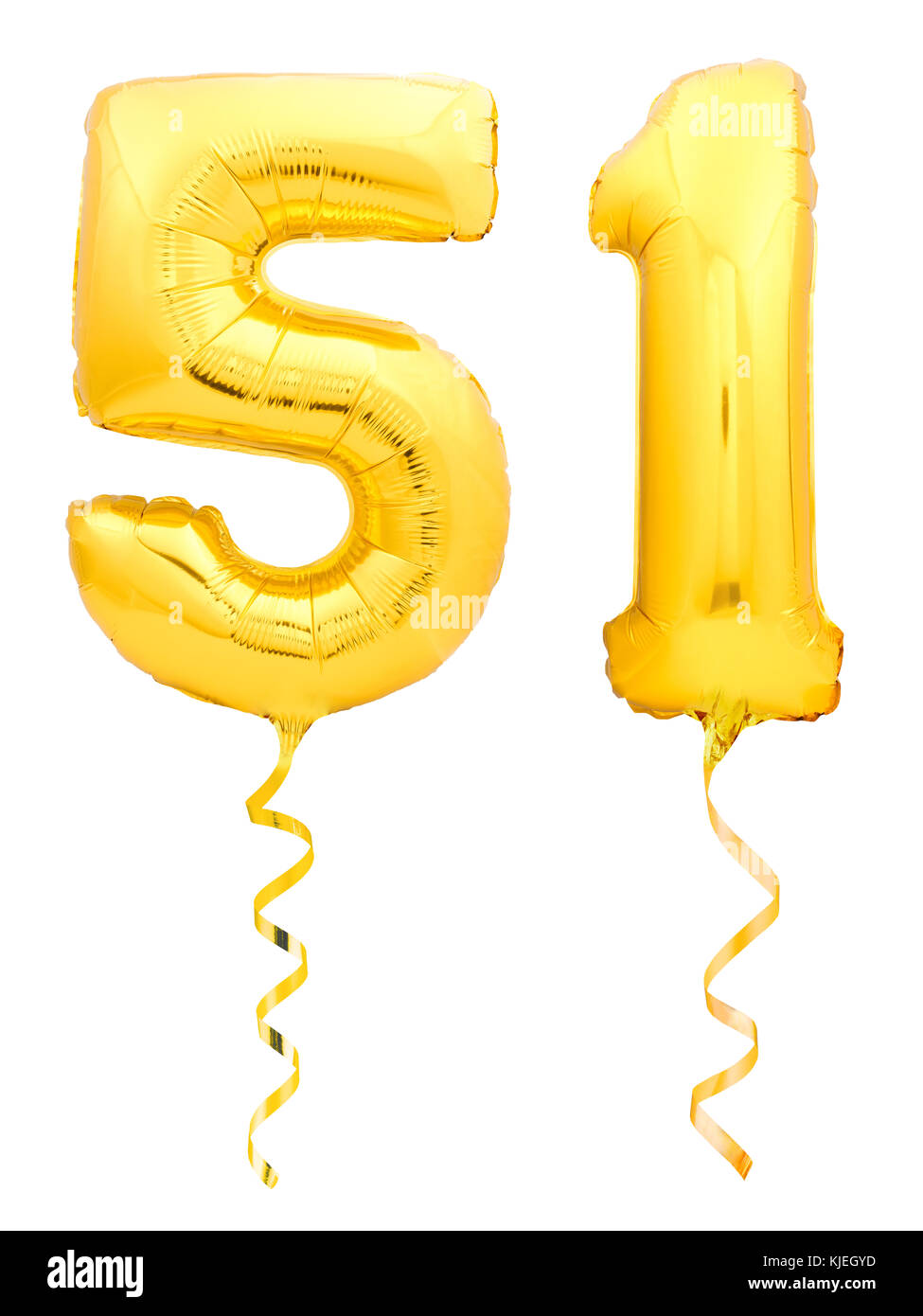 Golden number fifty one 51 made of inflatable balloon with ribbon on ...