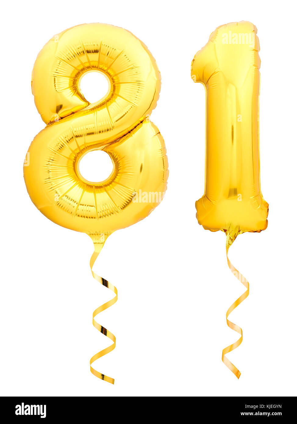 Golden number eighty one 81 made of inflatable balloon with ribbon on ...