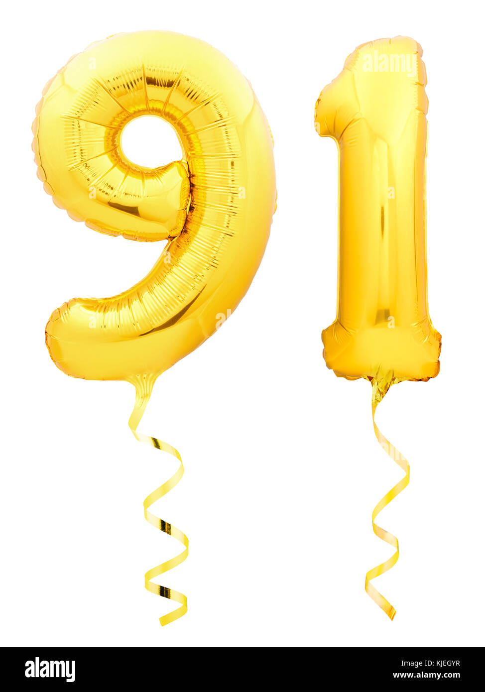Golden number ninety one 91 made of inflatable balloon with ribbon on ...