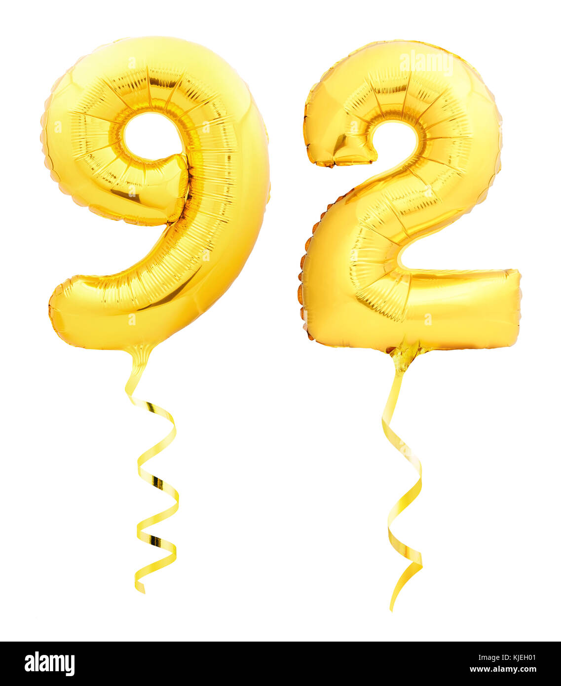 Golden number ninety two 92 made of inflatable balloon with ribbon on ...