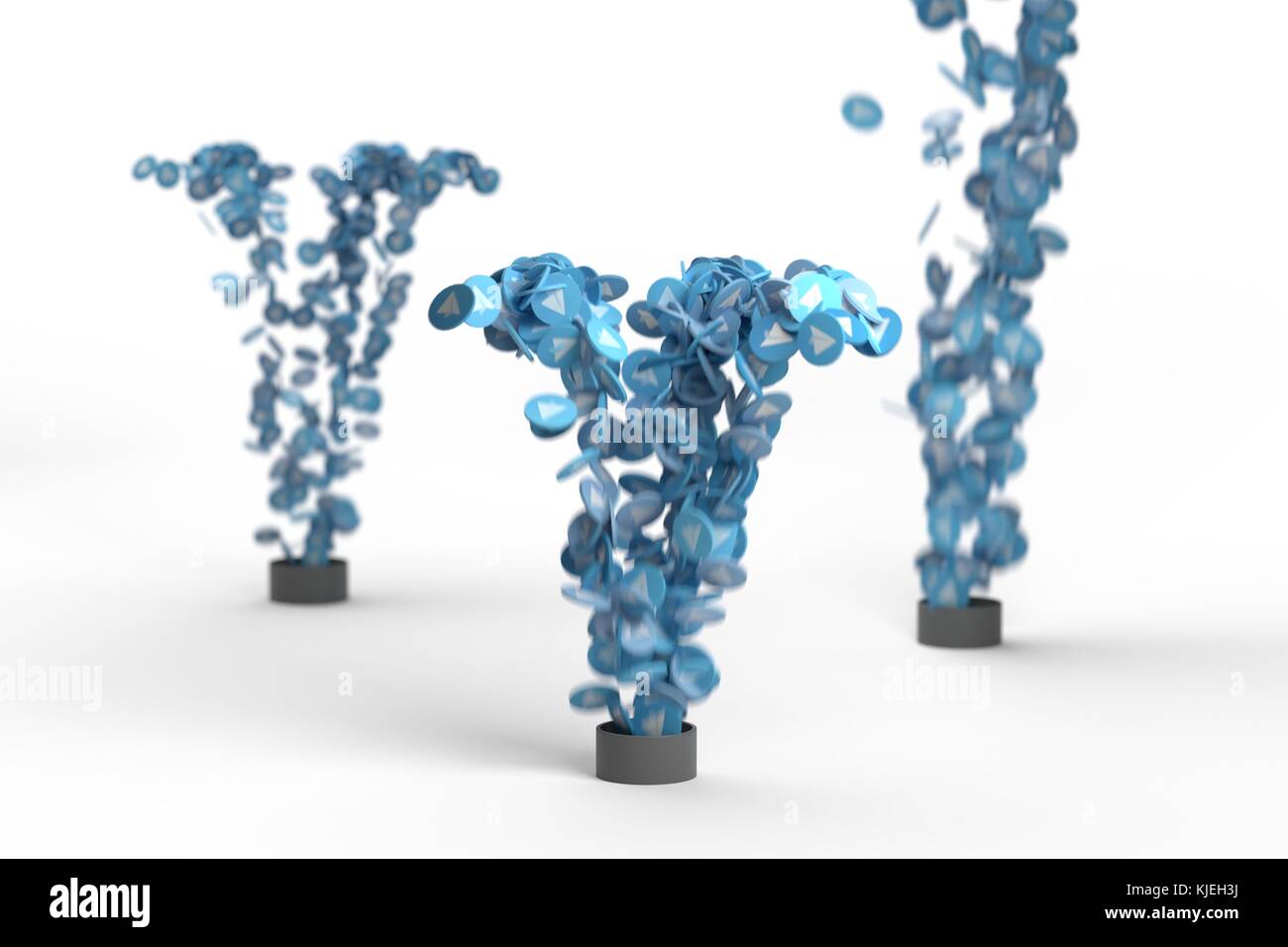 Fountain with many blue coins with white paper plane 3d render Stock ...