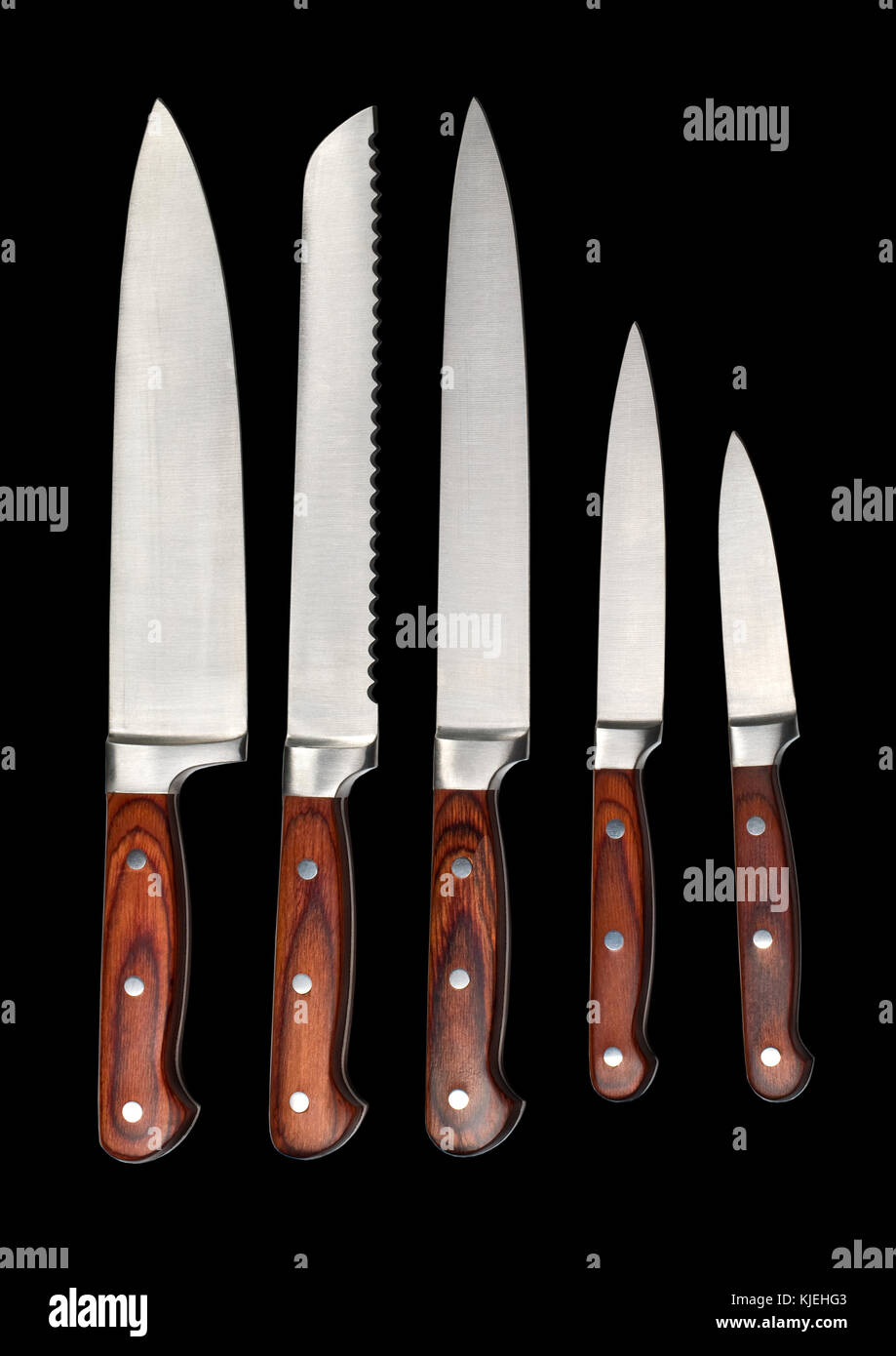 Set of steel kitchen knives, isolated on black with clipping path Stock ...