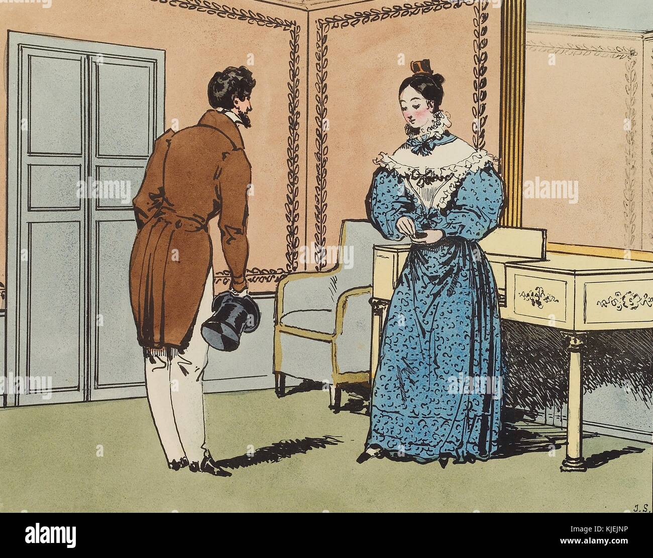 A lithograph depicting a man and a woman performing a slight bow ...