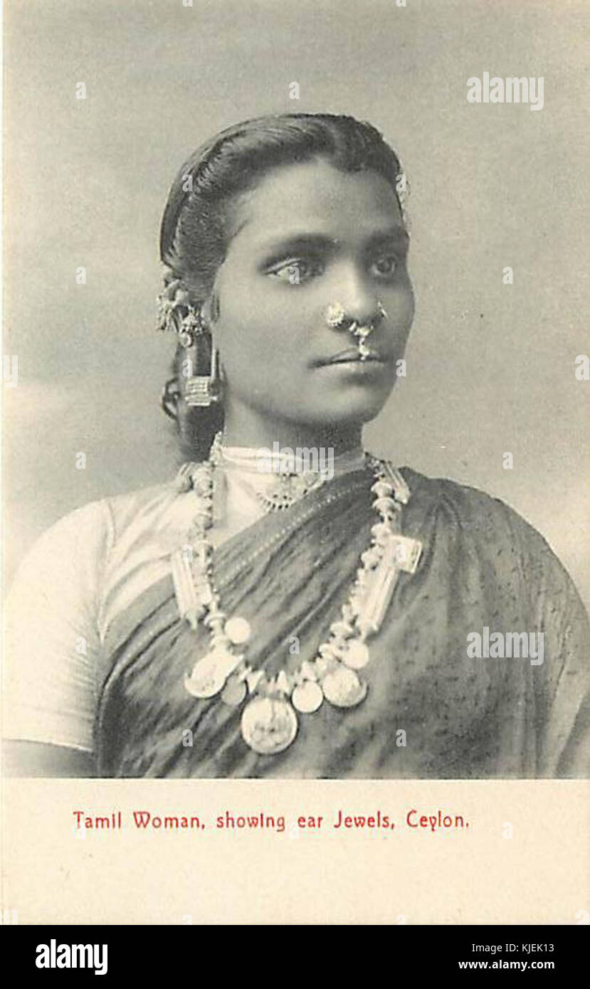 Portrait of a Tamil woman in Ceylon wearing various jewellery Stock ...