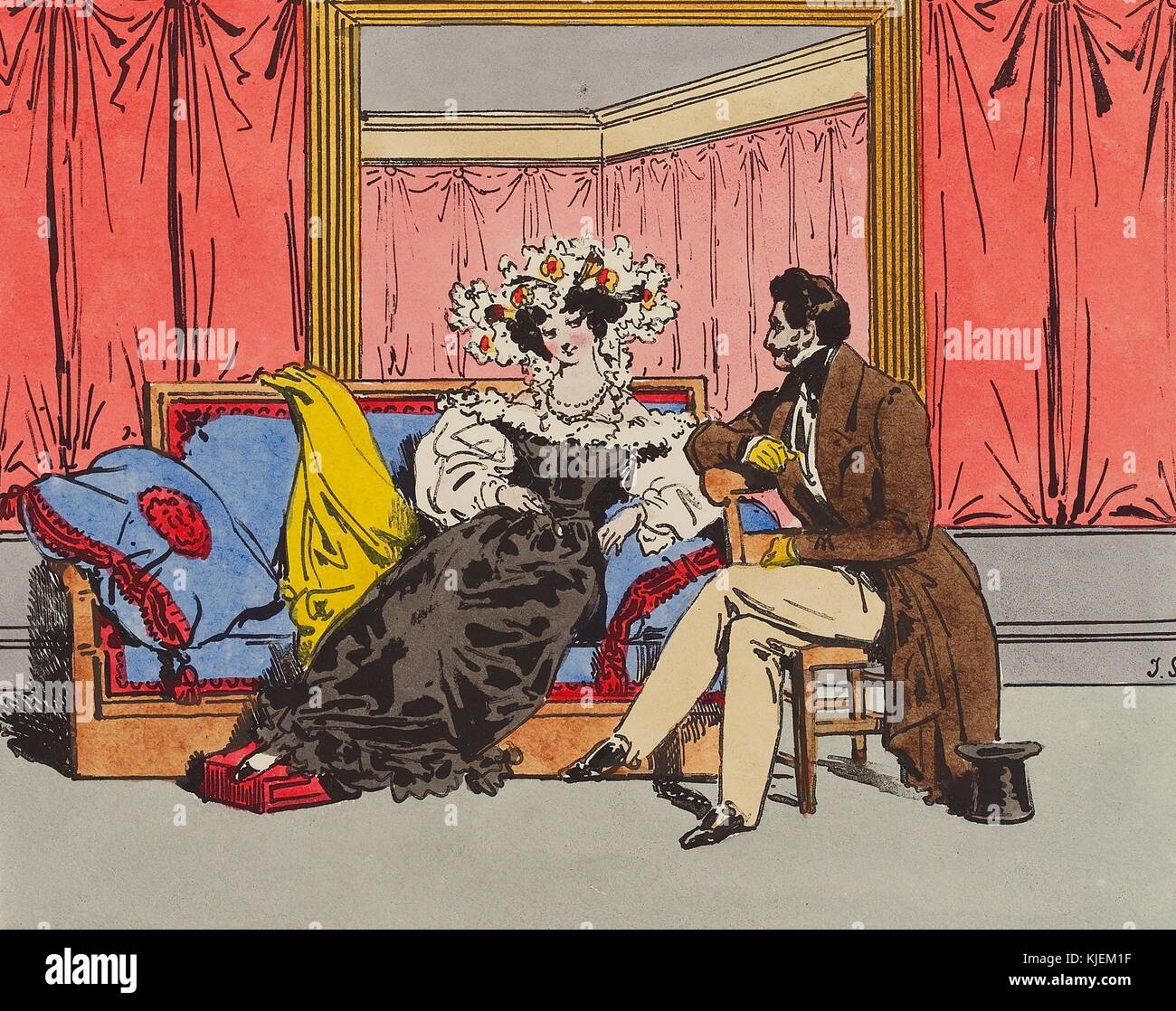 A lithograph of a man and a woman engaging in flirtatious behavior, the ...