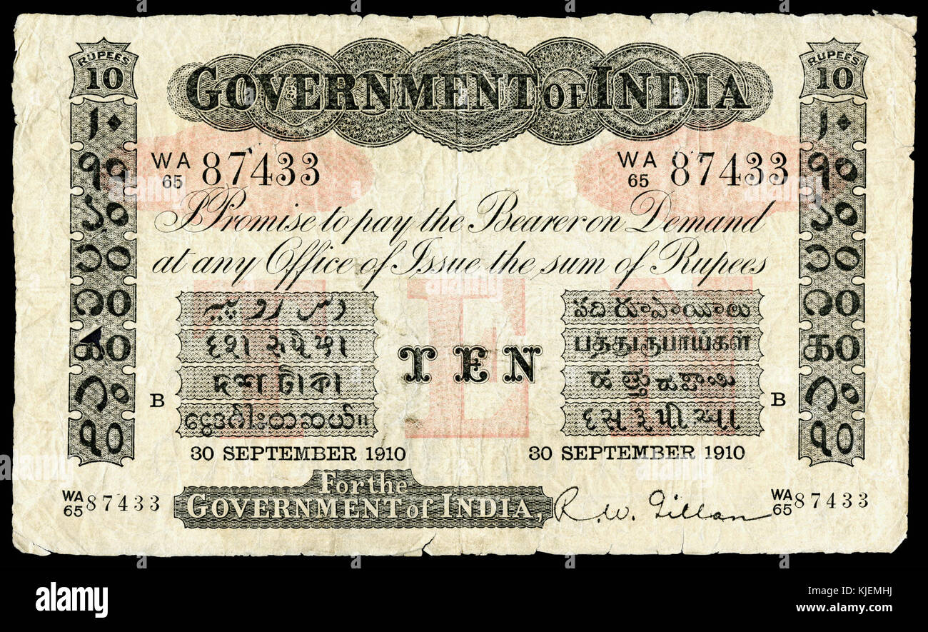 This Indian banknote from 1910, designated IND A10a, was issued by the ...