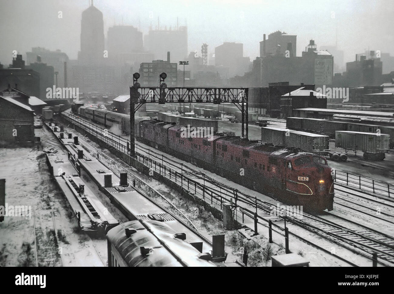 CRI&P 642 (E7A) with Train 11, the Peoria Rocket leaving LaSalle Street Station on February 2 ...