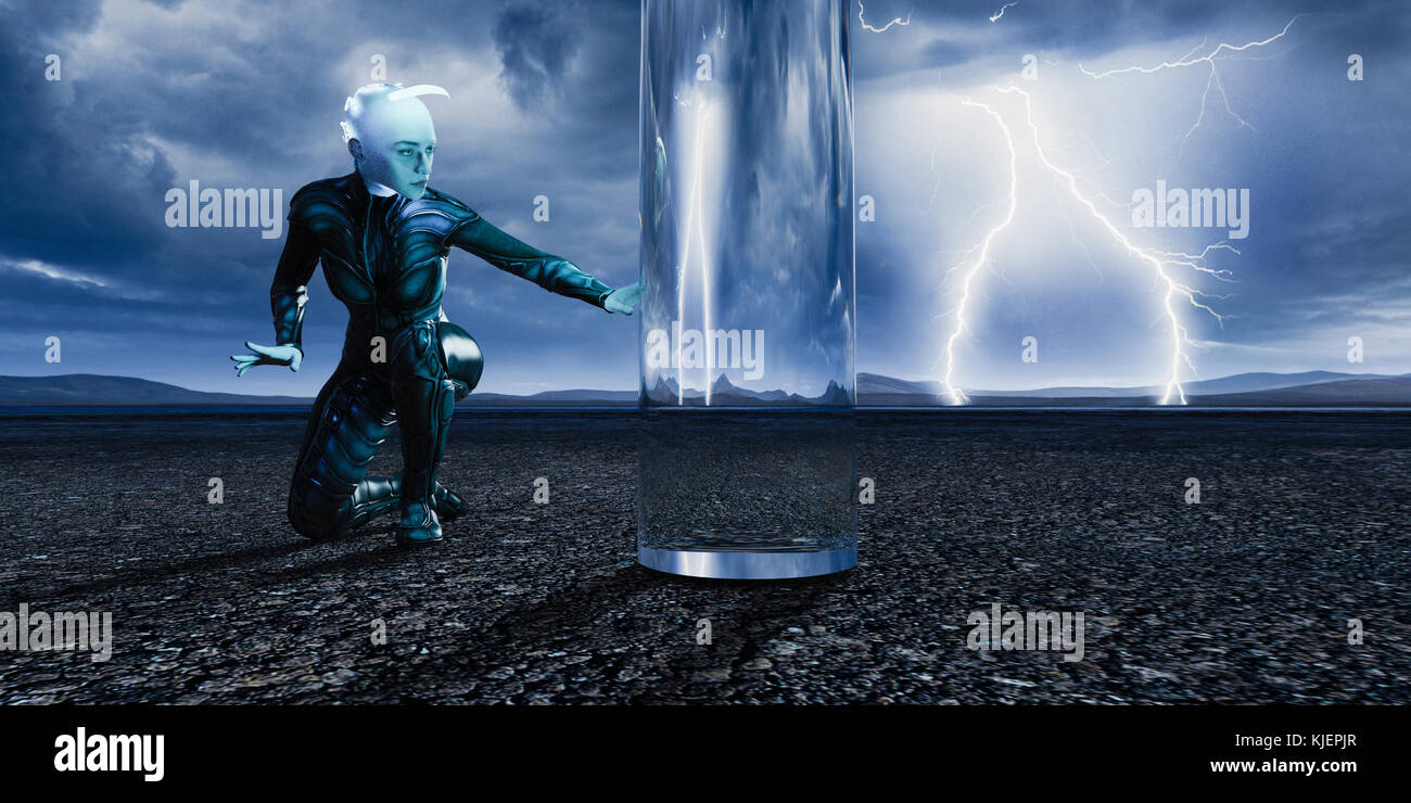 Alien woman examining tube in remote landscape Stock Photo - Alamy