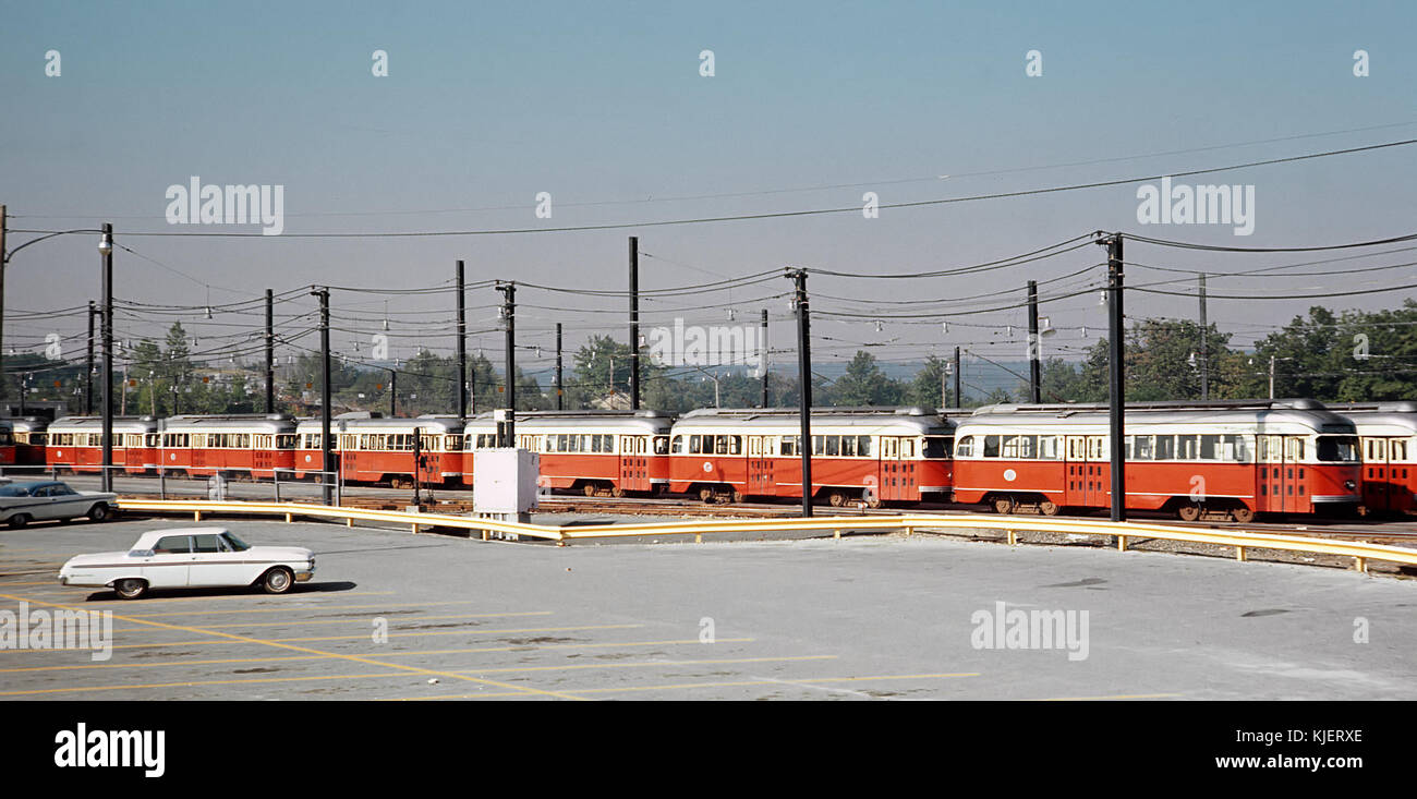 MBTA lineup of PCCs at Riverside Yard, September 1965 Stock Photo - Alamy