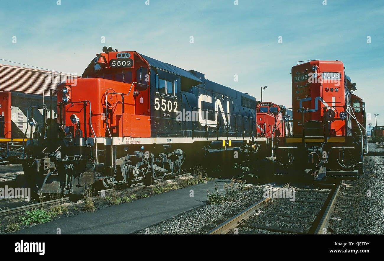 CN 5502 and 7006 in Thorton Yard, Pt. Mann, BC on September 20, 1987 ...