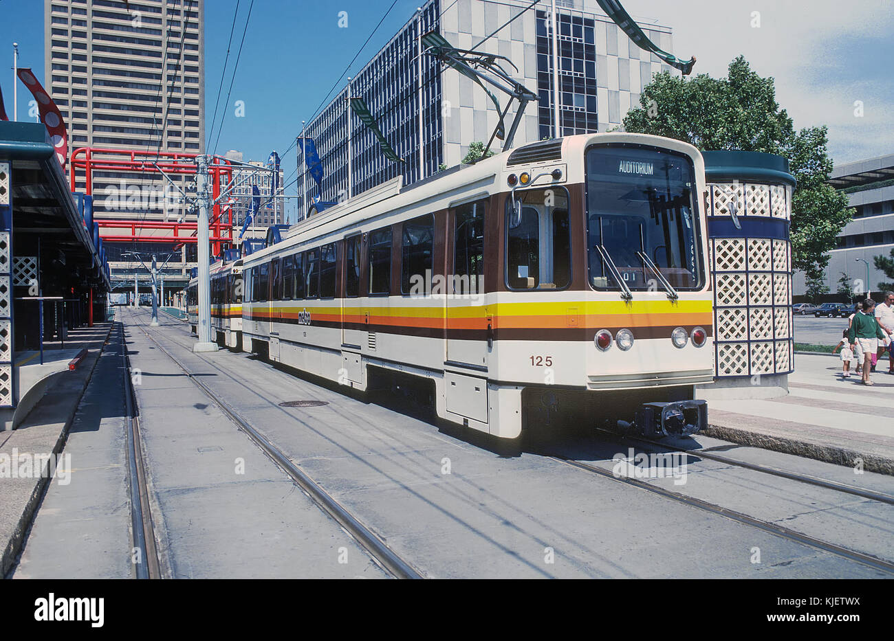 Buffalo Metro Rail train at Erie Canal Harbor station, August 1988 ...
