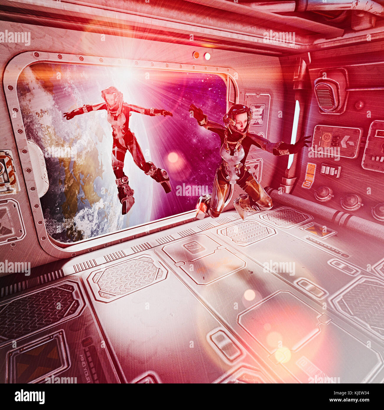 Women floating in space suits inside spaceship Stock Photo - Alamy