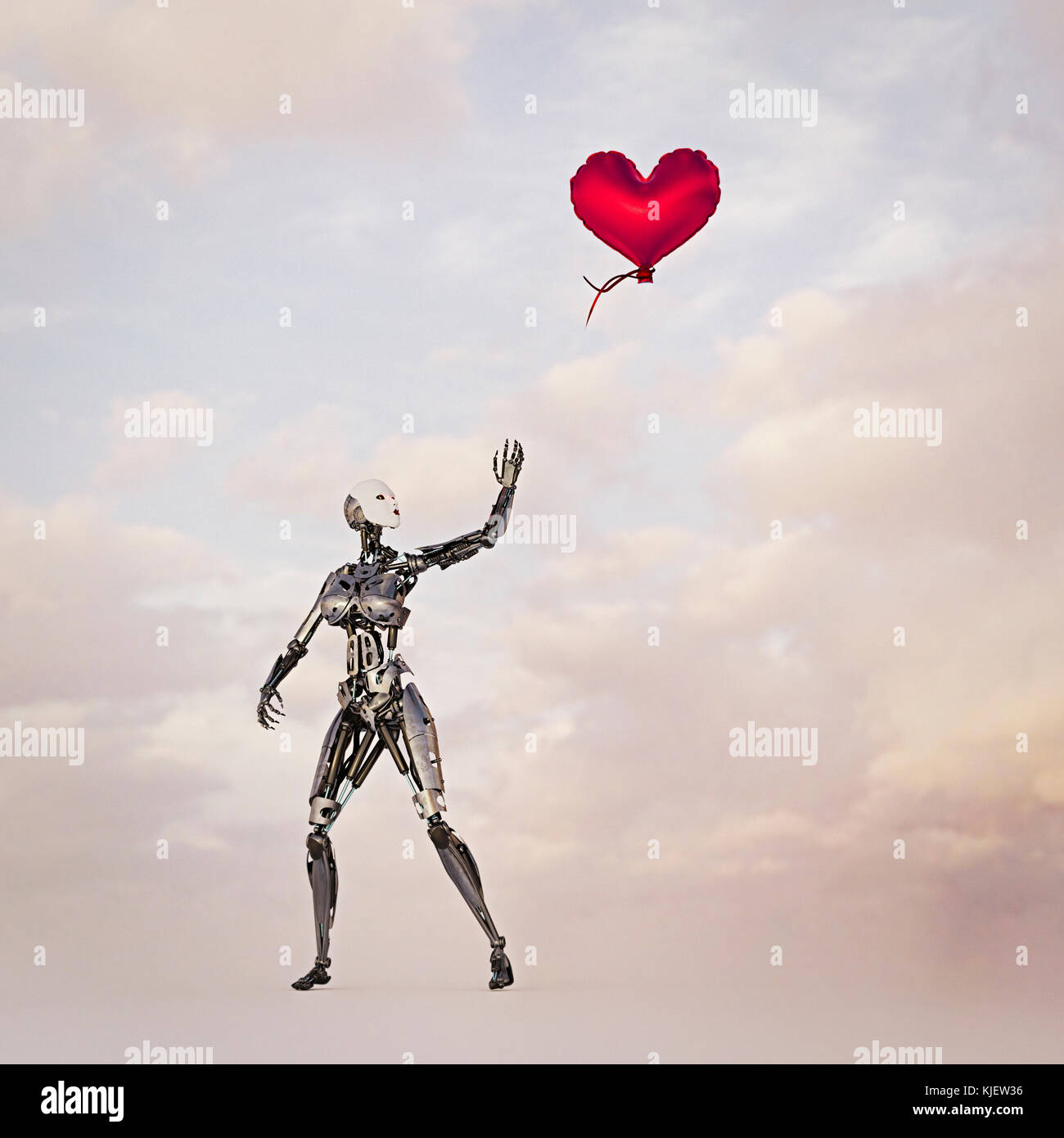Robot woman releasing heart-shape balloon into the sky Stock Photo - Alamy