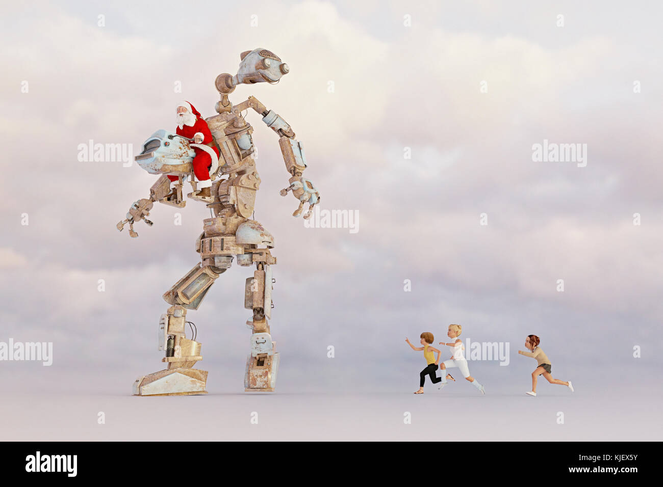 Children chasing Santa steering robot Stock Photo - Alamy
