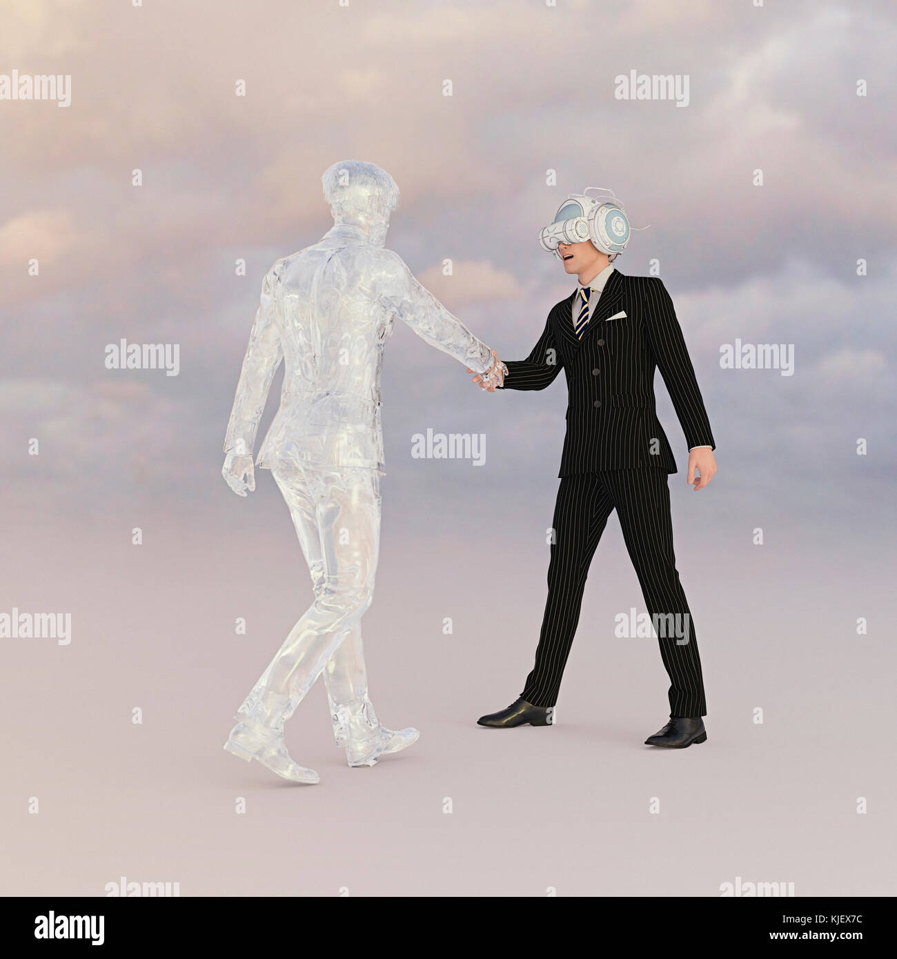 Businessman wearing virtual reality goggles shaking hands with ...