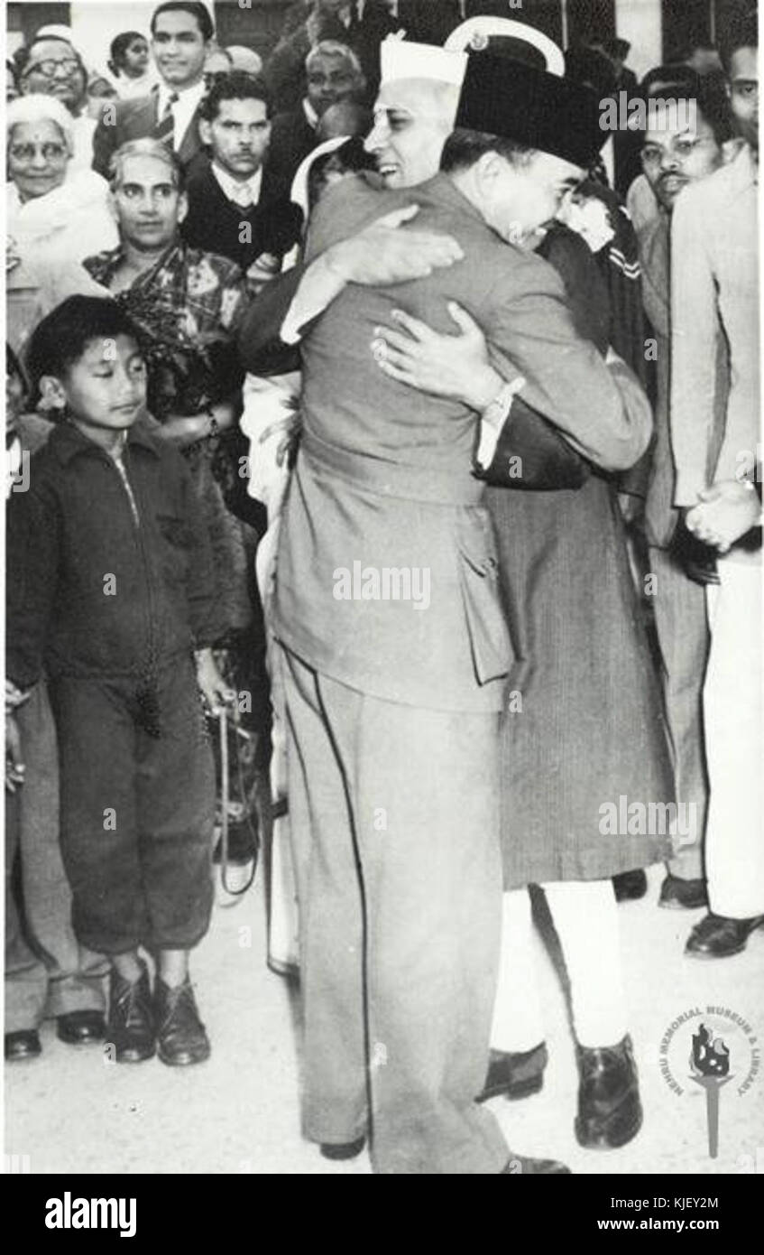 Jawaharlal Nehru greeting Dr. Soekarno, President of Indonesia, on ...