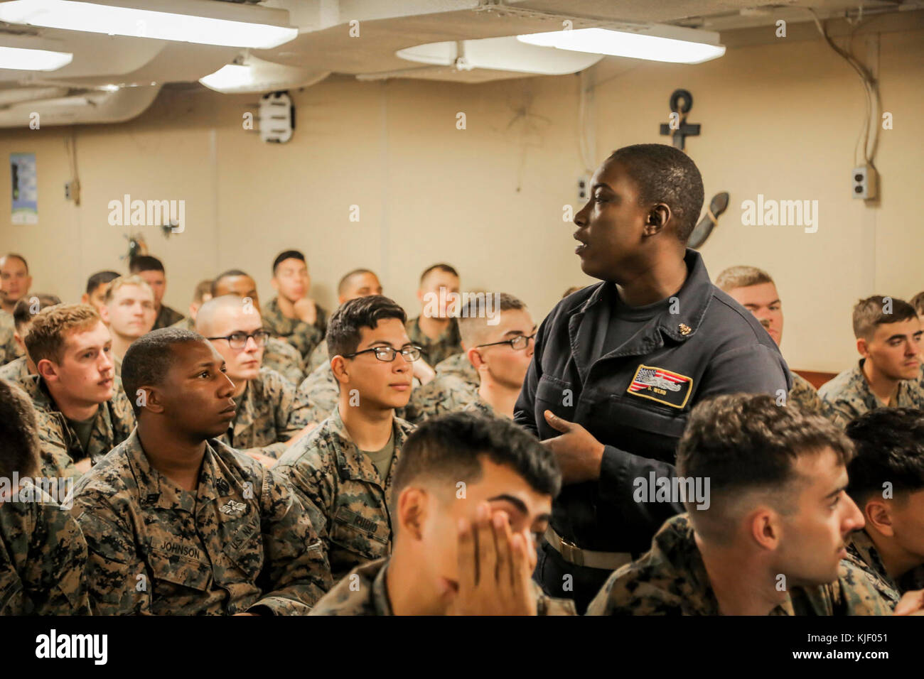 A U.S. Sailor assigned to the dock landing ship USS Oak Hill (LSD 51 ...