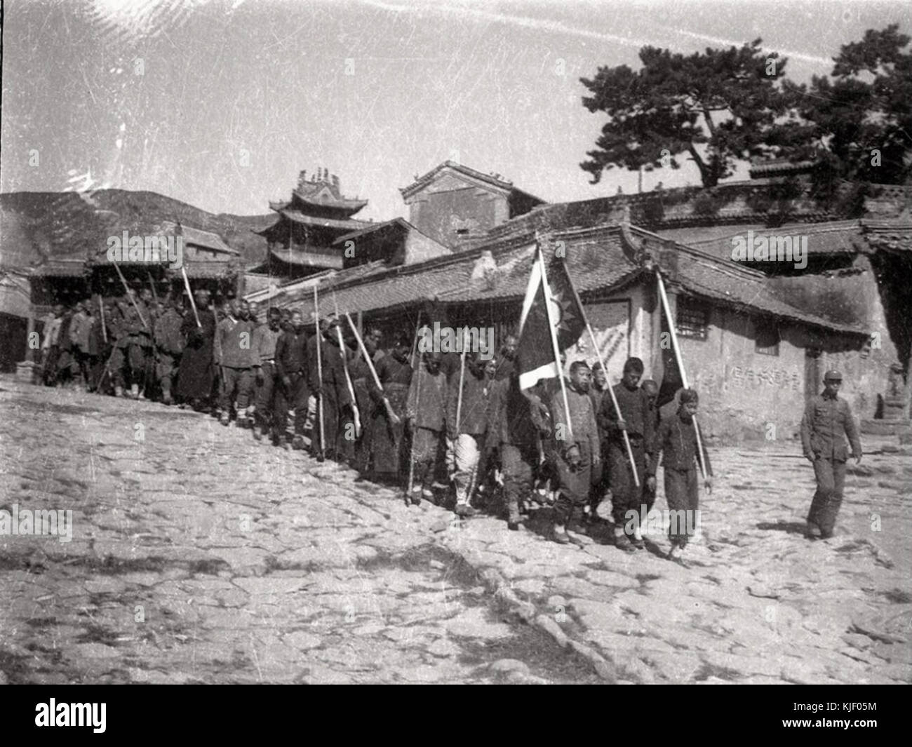 A historical photograph depicting monk soldiers in Wutai County during ...