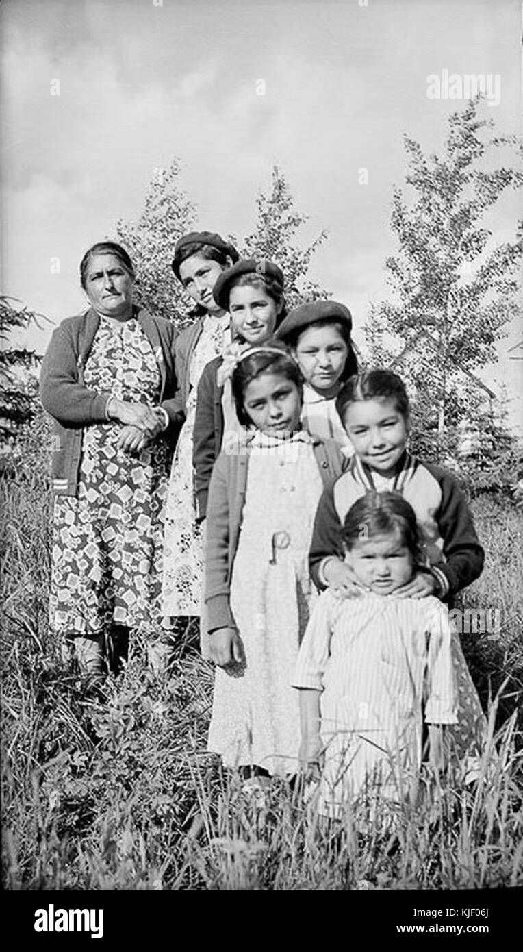 A historical photograph showing Merasty women and girls from the Cree ...