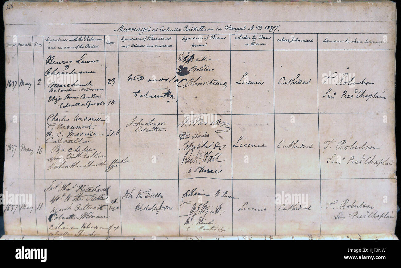 Marriages at Calcutta Fort William in Bengal AD 1837 (1826 1837) p215 ...