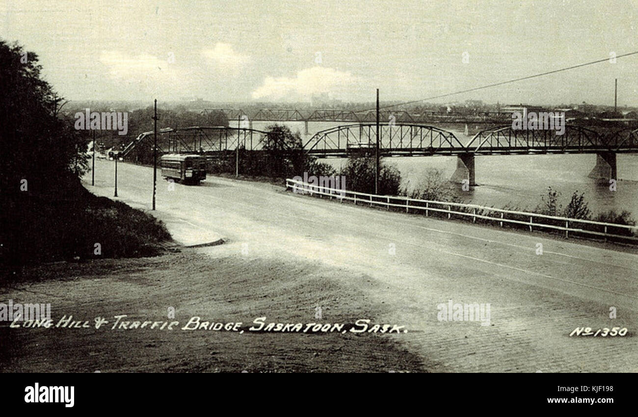 Saskatoon streetcar in foreground with Traffic and CNR bridges in the ...