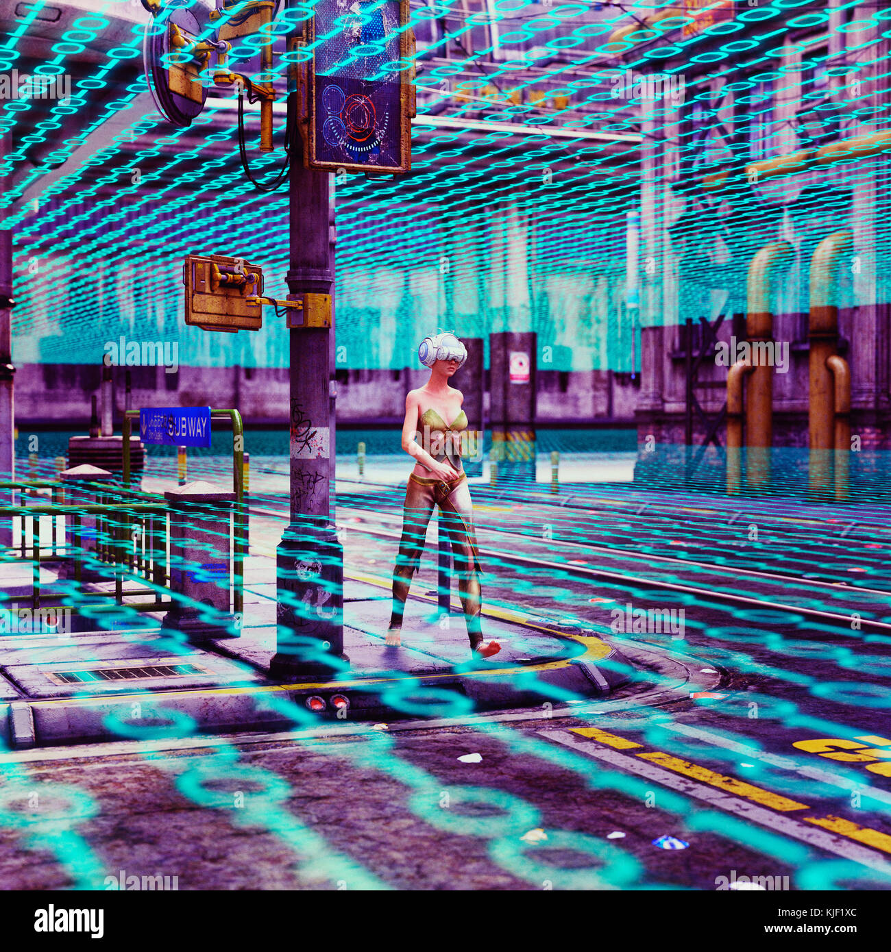 Woman walking in binary code wearing virtual reality goggles Stock Photo - Alamy