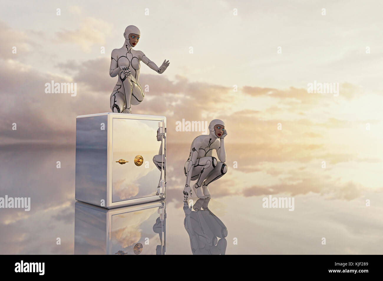 Reflection of women robots guarding safe Stock Photo - Alamy