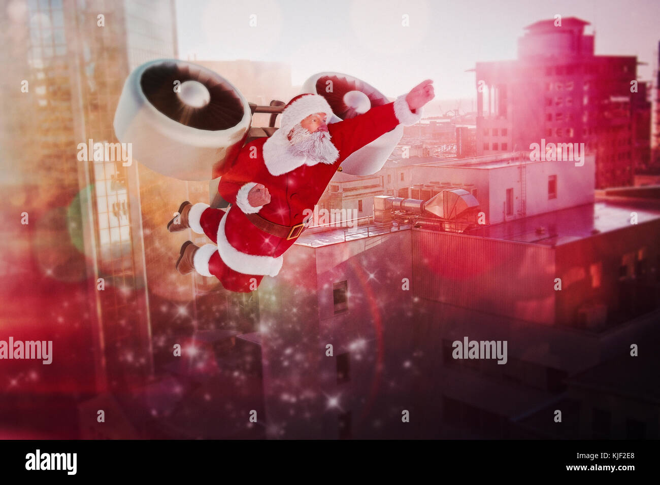 Santa flying jet pack in futuristic city Stock Photo - Alamy