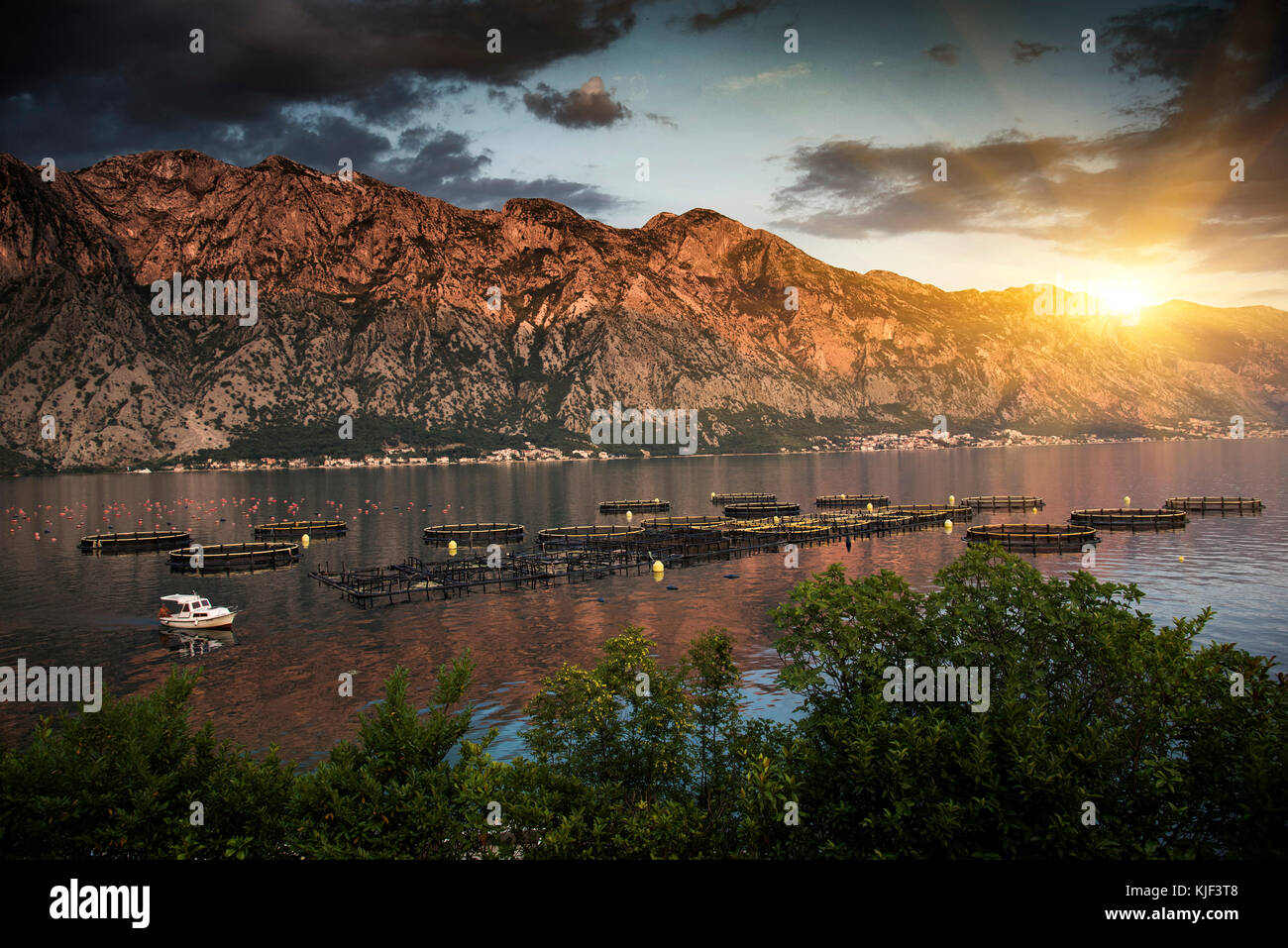 Boat in river near mountain at sunset Stock Photo - Alamy