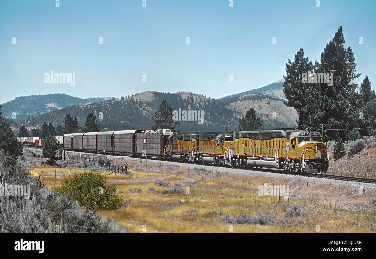 UP DDA40X 6910, SD40 2 3244, and SD40 2 3566 approaching Portola, CA in August 1984 (26982690880 ...