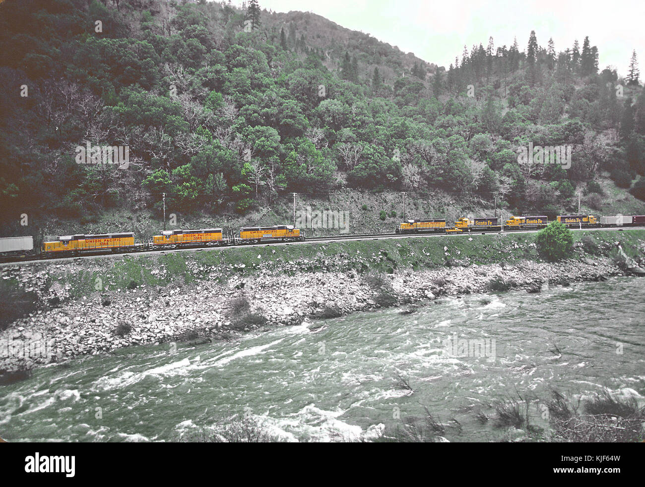 UP 3725 meets UP 3634 (with AT&SF detour) in Feather River Canyon in March 1983 (28571086874 ...