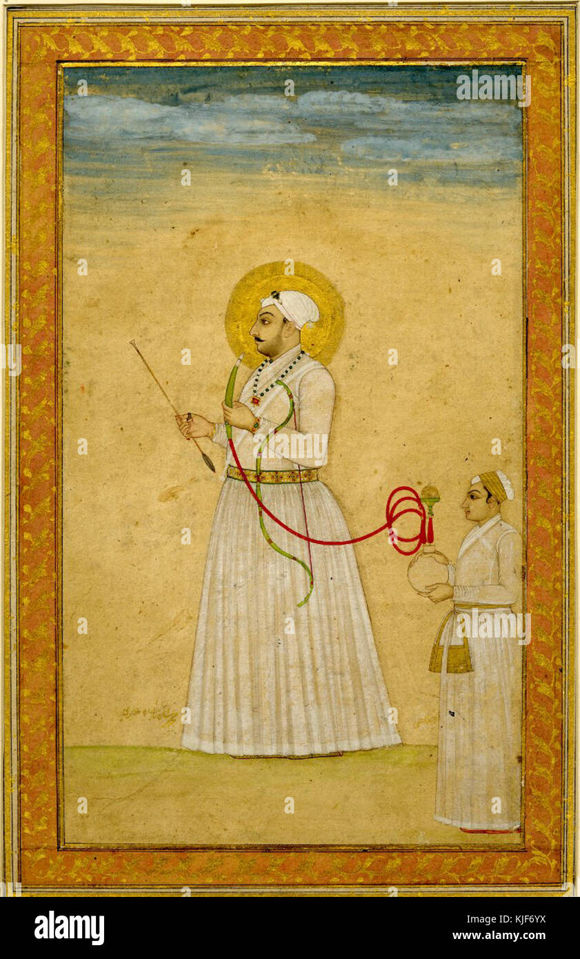 A standing portrait of Muhammad Shah holding a bow and arrow, as well ...