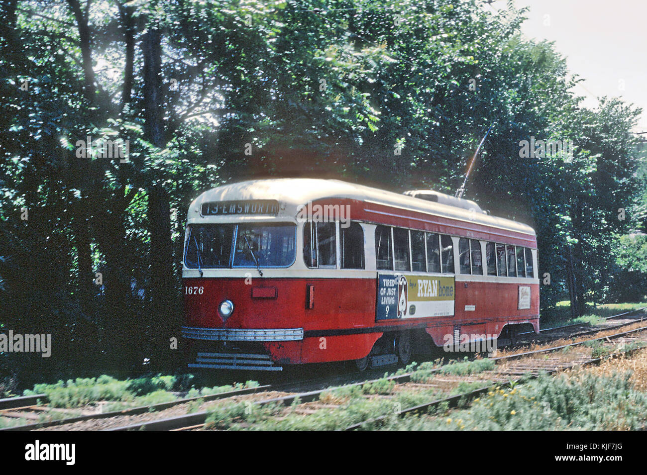 PAAC PCC 1676 on private right of way on WEST VIEW car line. Car is ...